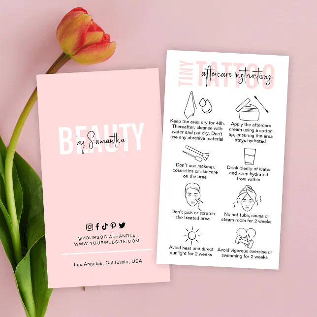 PMU Artist Tattoo After Care Instructions Pink Business Card | Zazzle