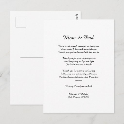 Poem Parents Bride Groom Wedding Thank You Gift Postcard | Zazzle