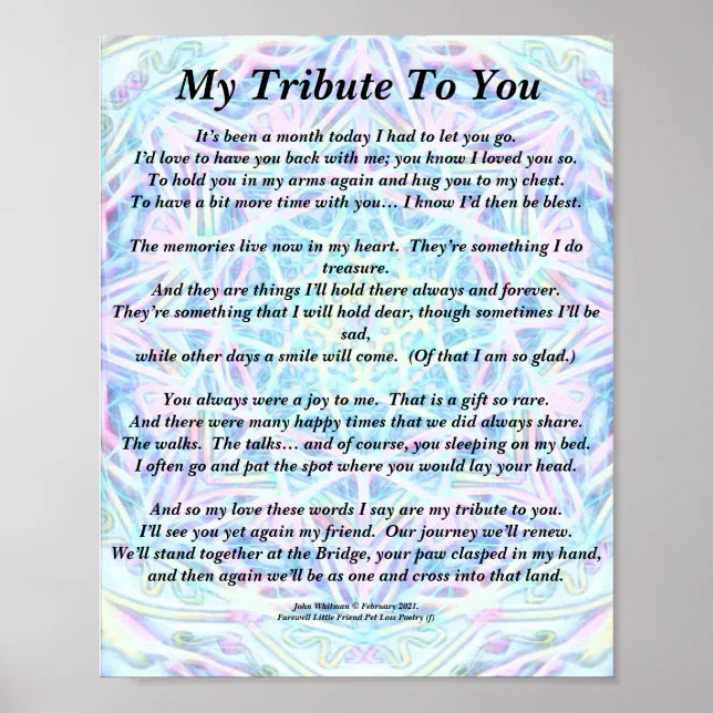 Poem: Tribute to a Deceased Pet PBP Poster Matte | Zazzle