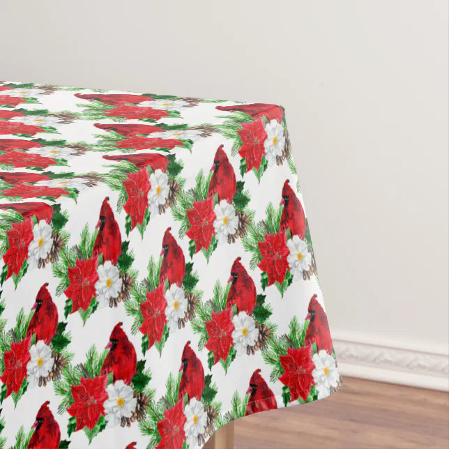 Poinsettia Bouquet Red Cardinal Holiday Tablecloth | Zazzle