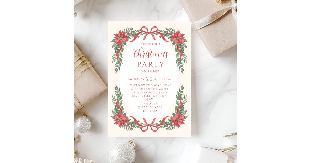 Poinsettia Bow Botanical Christmas Invitation | Zazzle