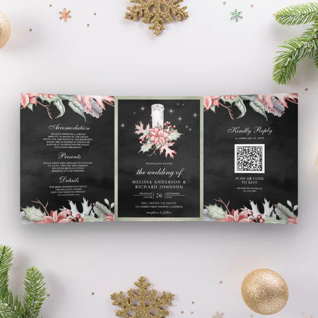 Poinsettia Christmas Candle QR Code Black Wedding Tri-Fold Invitation ...