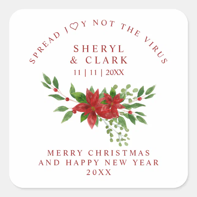 Poinsettia Christmas Garland Wedding Sanitizer Gel Square Sticker | Zazzle