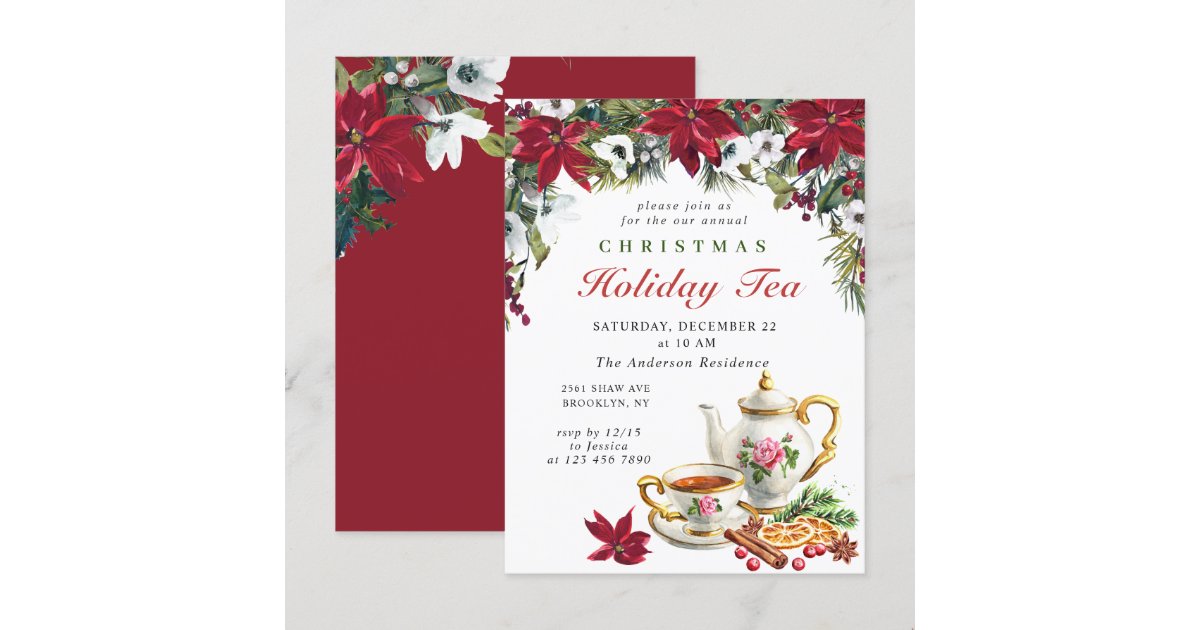 Poinsettia Christmas Holiday Tea Invitation Card | Zazzle