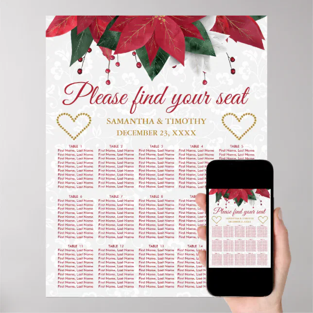 Poinsettia Christmas Winter Wedding Seating Chart | Zazzle