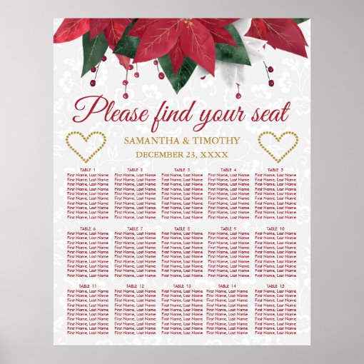 Poinsettia Christmas Winter Wedding Seating Chart | Zazzle