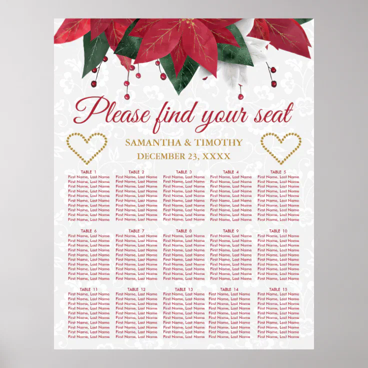 Poinsettia Christmas Winter Wedding Seating Chart | Zazzle