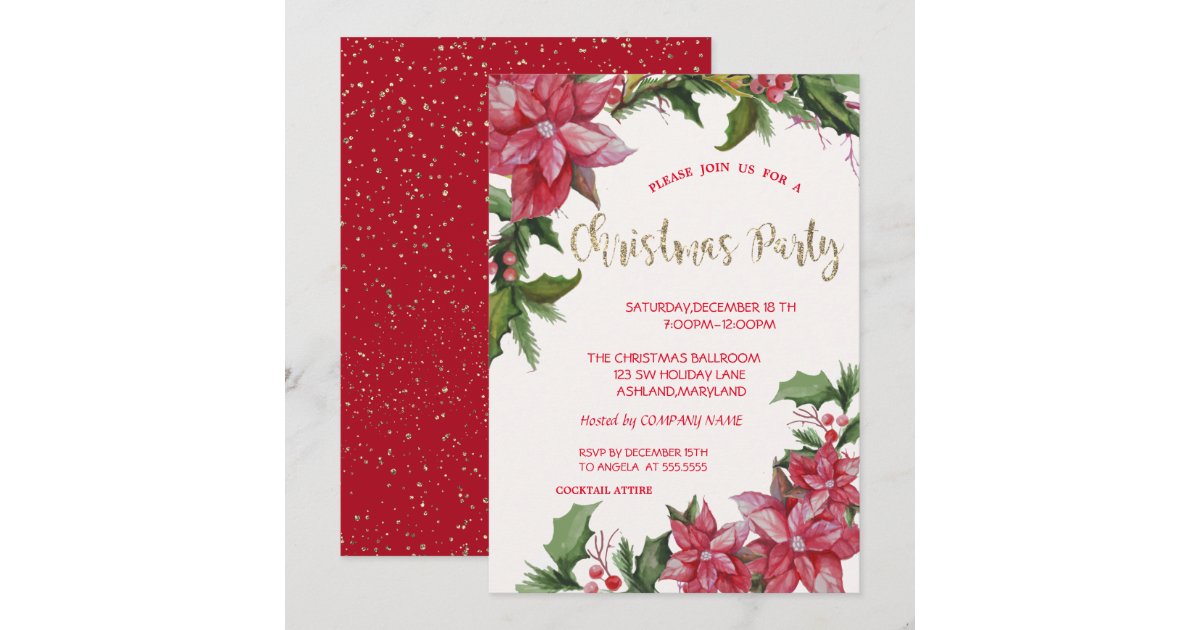 Poinsettia,Confetti,Red Company Christmas Party Invitation | Zazzle