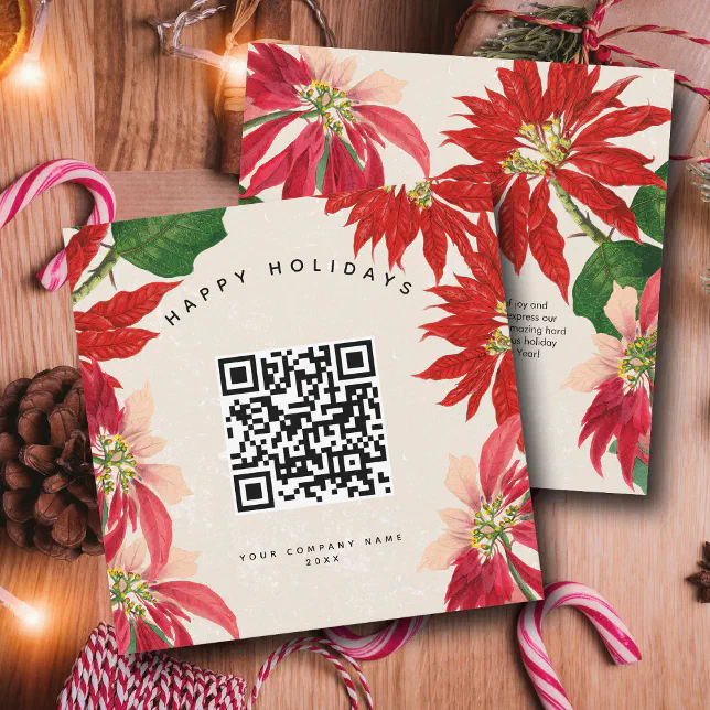 Poinsettia Corporate Business QR Code Christmas Holiday Card | Zazzle