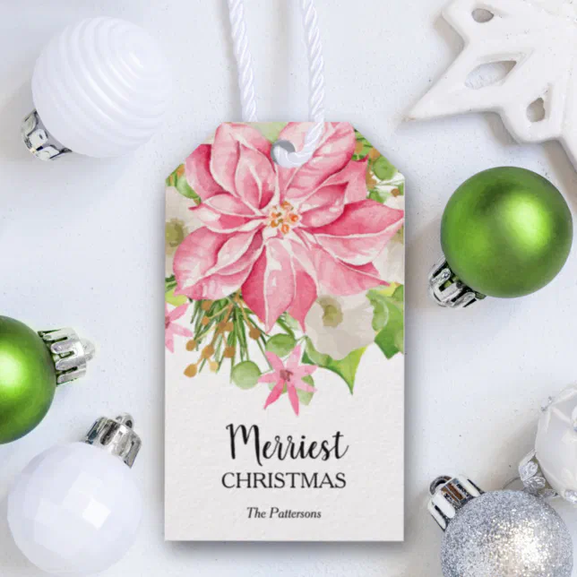 Poinsettia Floral Christmas Holiday Favor Gift Tags | Zazzle