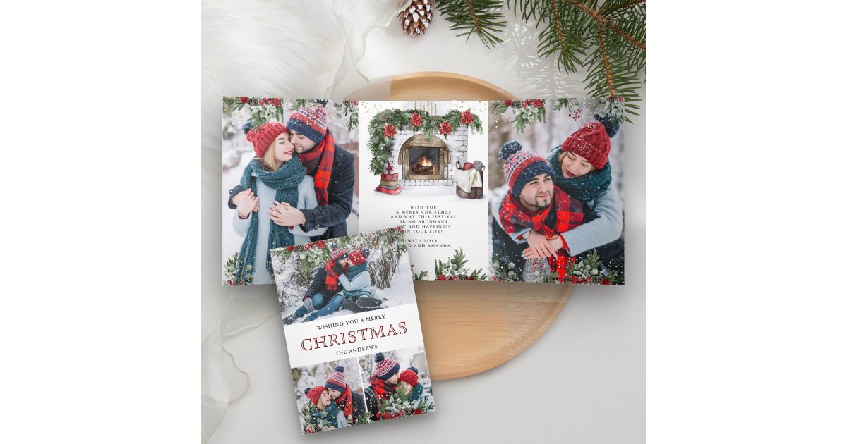 Poinsettia Floral Fireplace Photo Christmas Tri-Fold Holiday Card | Zazzle