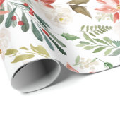 Poinsettia Holly Berry Ivory Floral Holiday Season Wrapping Paper | Zazzle