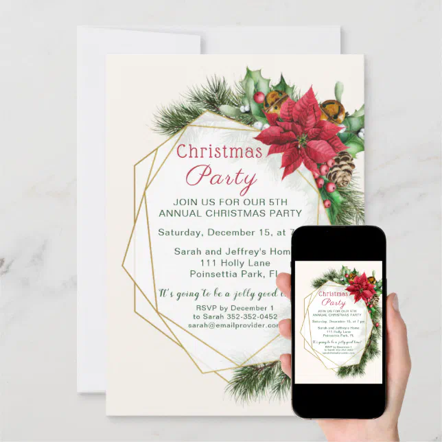 Poinsettia, holly, pine Christmas party Invitation | Zazzle