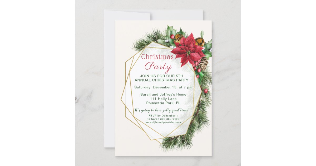 Poinsettia, holly, pine Christmas party Invitation | Zazzle