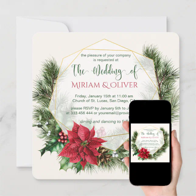Poinsettia, holly, pine Christmas Wedding Invitation | Zazzle