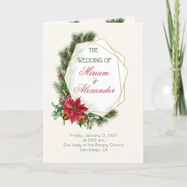 Poinsettia, holly, pine Christmas Wedding Program | Zazzle