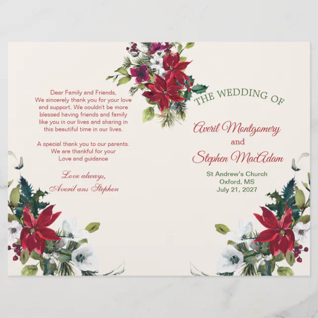 Poinsettia, holly, pine Christmas Wedding Programm | Zazzle