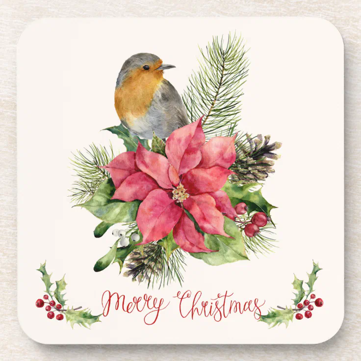 Poinsettia, robin, holly, pine, cone Christmas Beverage Coaster | Zazzle