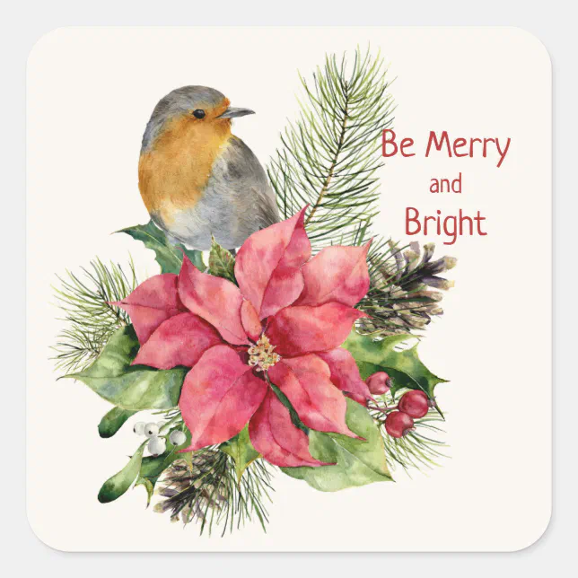 Poinsettia, robin, holly, pine, cone Christmas Square Sticker | Zazzle