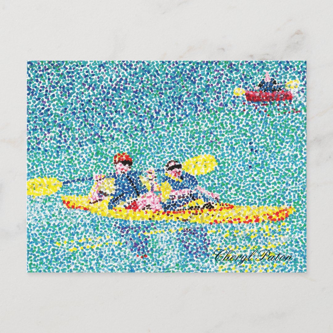 Pointillism kayak scene on the river postcard | Zazzle