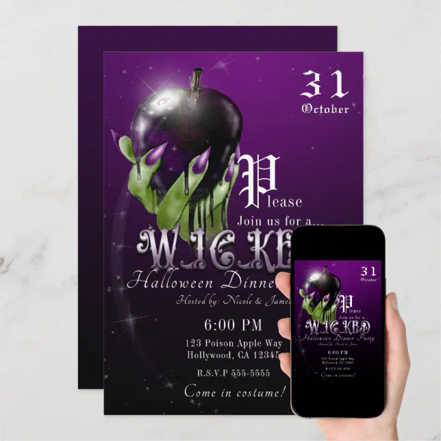 Poison Apple Wicked Witch Purple Halloween Party Invitation | Zazzle