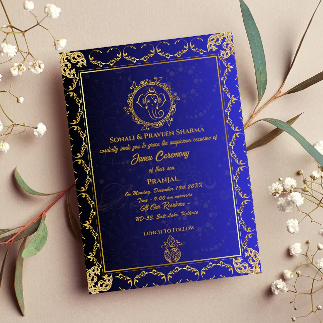 Poite Janeu Upanayanam Hindu Holy Thread Blue Gold Invitation | Zazzle