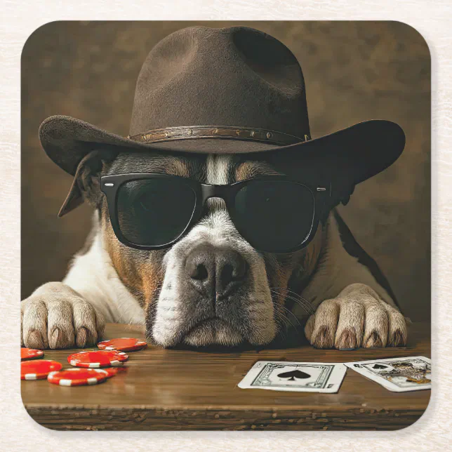 Poker Blackjack Western Pitbull Cute Square Paper Coaster | Zazzle