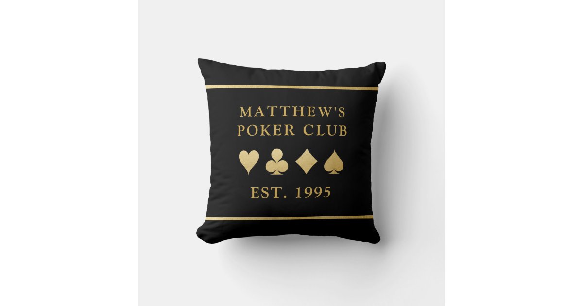 Poker Club Personalized Game Room Gold Card Suits Throw Pillow | Zazzle