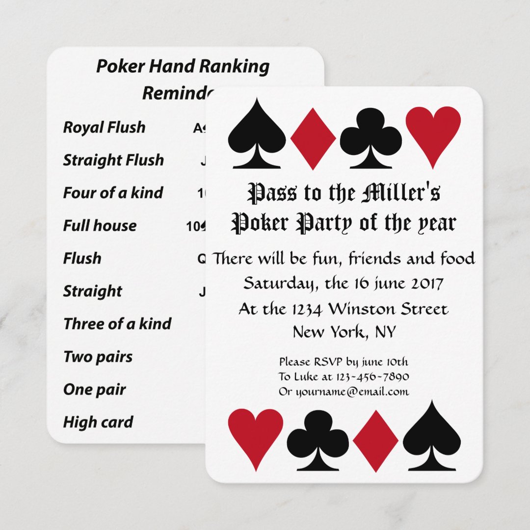 Poker Party Invitation With Hand Ranking Reminder | Zazzle