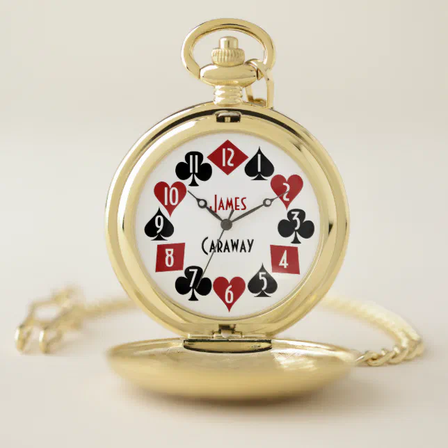Poker Player Gambler Casino Card Suit Custom Name Pocket Watch | Zazzle