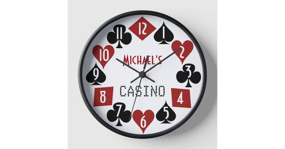 Poker Room Casino Suits Customizable Name Text Wall Clock | Zazzle