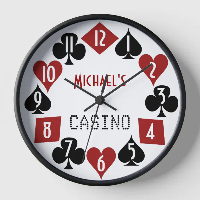 Poker Room Casino Suits Customizable Name Text Wall Clock | Zazzle