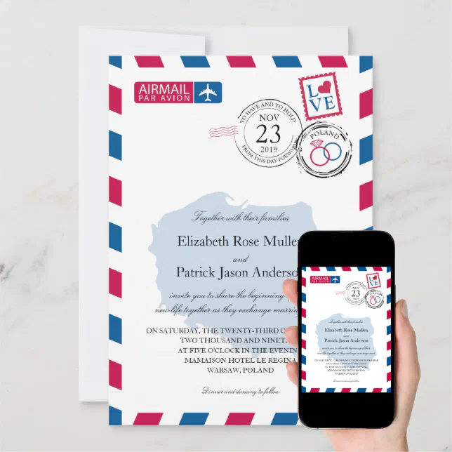 Poland Airmail Wedding Invitation | Zazzle