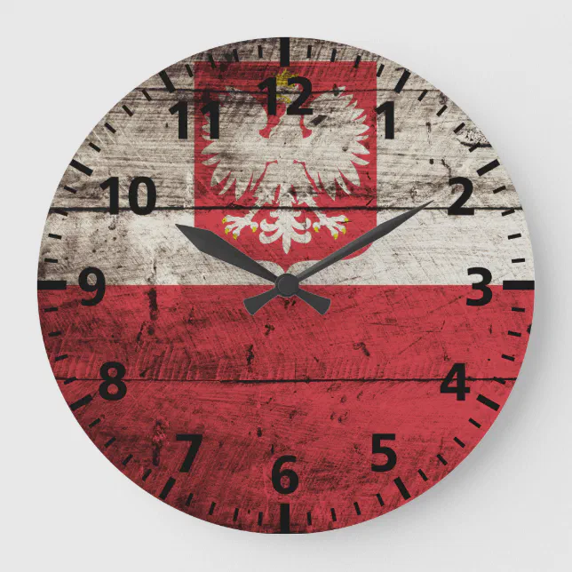Poland Flag on Old Wood Grain Large Clock | Zazzle