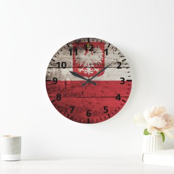 Poland Flag on Old Wood Grain Large Clock | Zazzle