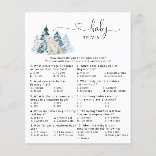 Polar bear Baby trivia baby shower game | Zazzle
