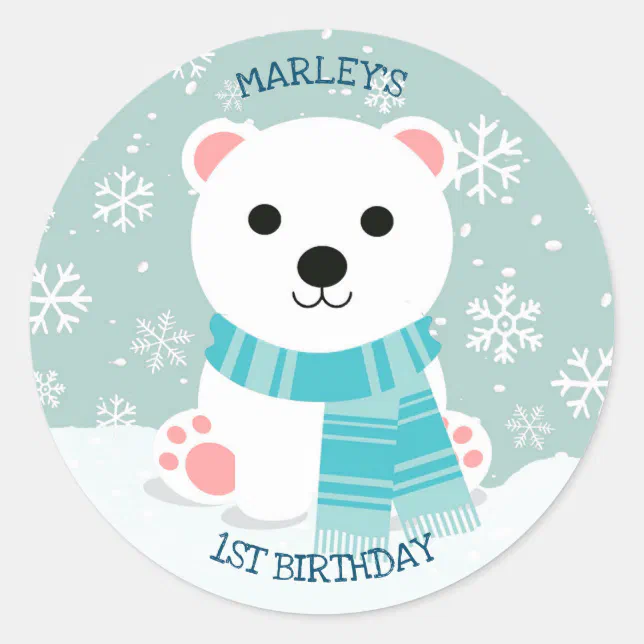 Polar Bear Cub Winter Snowflakes Classic Round Sticker | Zazzle