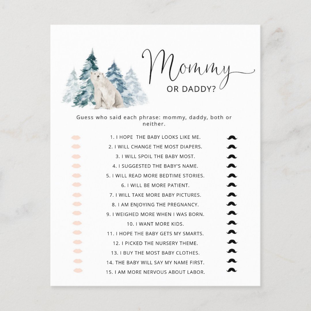 Polar bear mommy or daddy baby shower game | Zazzle