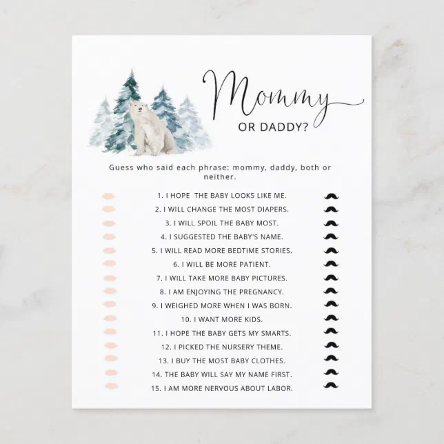 Polar bear mommy or daddy baby shower game | Zazzle