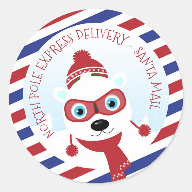 Polar Bear North Pole Delivery Round Sticker | Zazzle