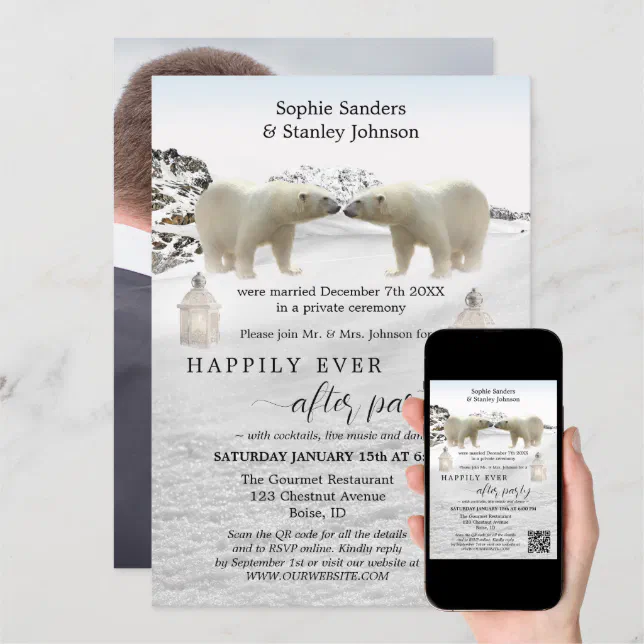 Polar Bear QR Code Photo After Wedding Invitation | Zazzle