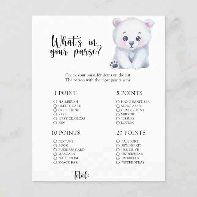 Polar bear - Whats in your purse baby shower game | Zazzle
