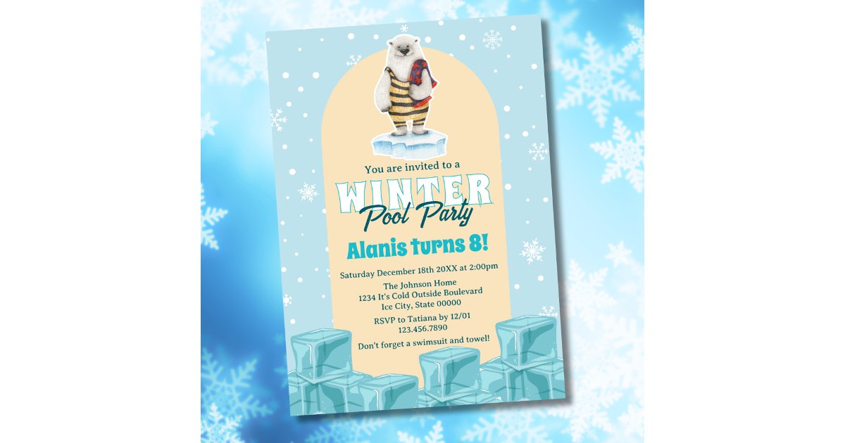 Polar Bear Winter Pool Party Kids Birthday Party Invitation | Zazzle