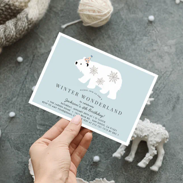 Polar Bear Winter Wonderland Blue Birthday Invitation | Zazzle
