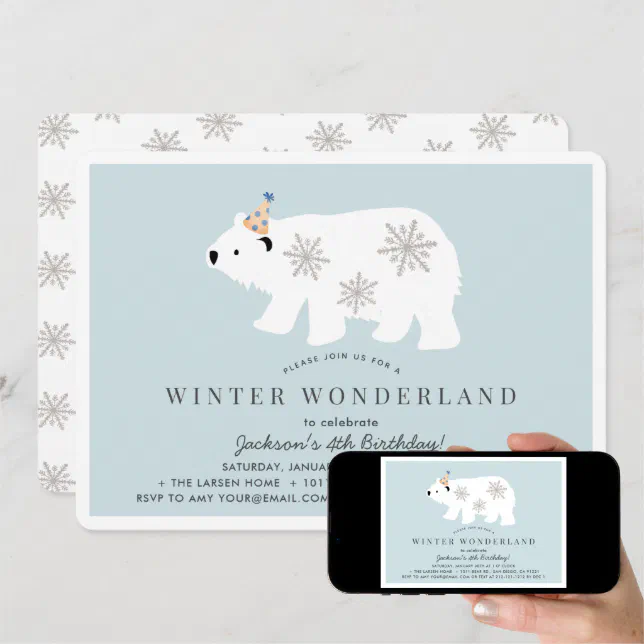 Polar Bear Winter Wonderland Blue Birthday Invitation | Zazzle