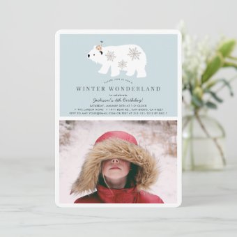 Polar Bear Winter Wonderland Photo Blue Birthday Invitation | Zazzle