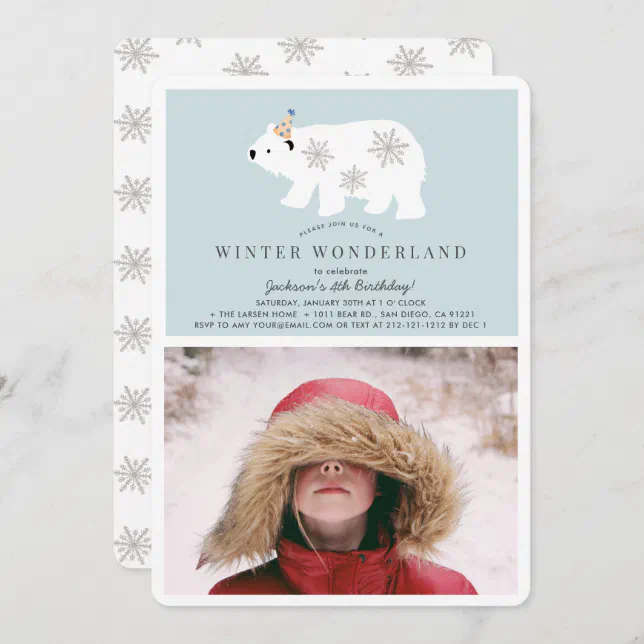 Polar Bear Winter Wonderland Photo Blue Birthday Invitation | Zazzle