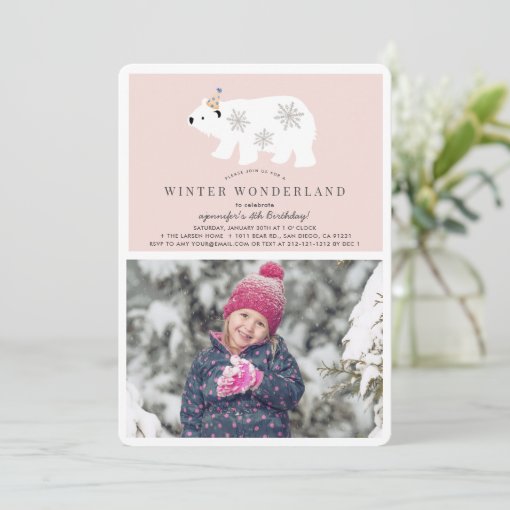 Polar Bear Winter Wonderland Photo Pink Birthday Invitation | Zazzle