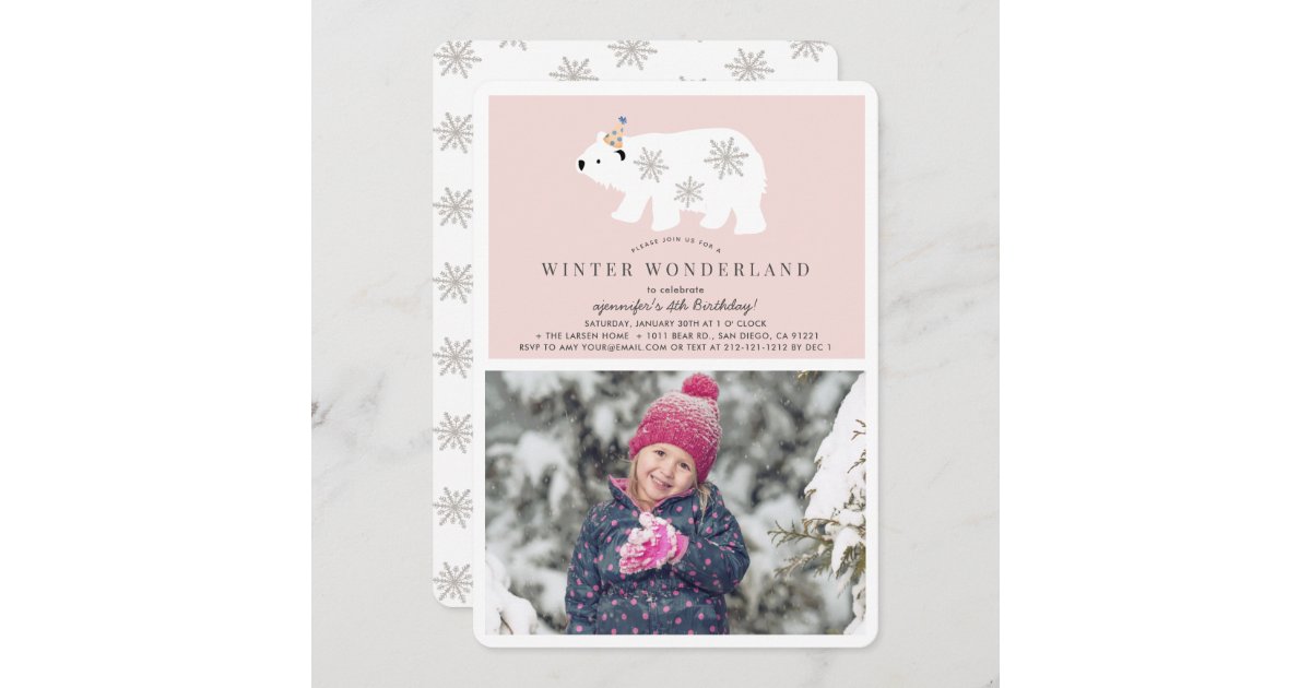 Polar Bear Winter Wonderland Photo Pink Birthday Invitation | Zazzle