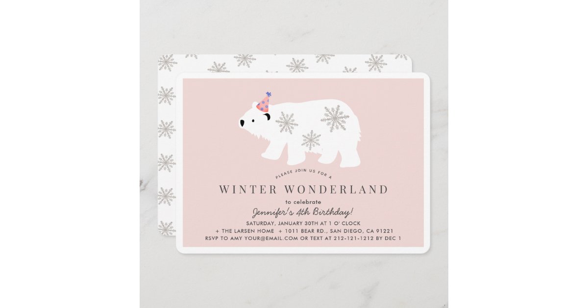 Polar Bear Winter Wonderland Pink Birthday Invitation | Zazzle
